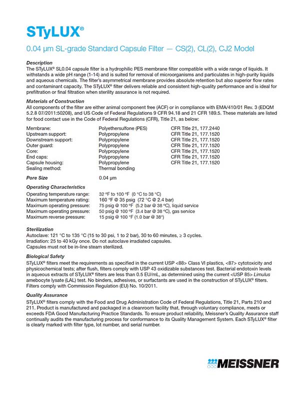 STyLUX® PES Membrane (Hydrophilic) | Meissner Corporation