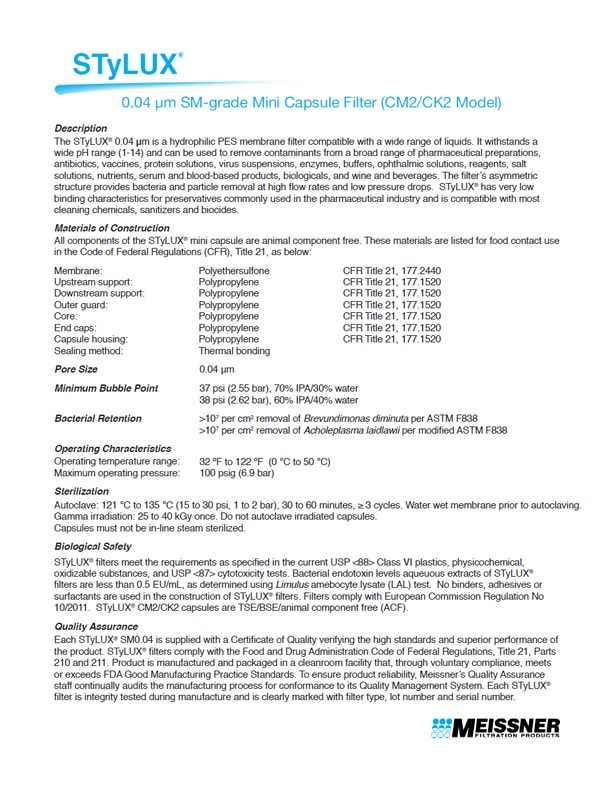 STyLUX® PES Membrane (Hydrophilic) | Meissner Corporation