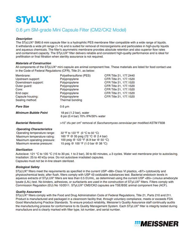 STyLUX® PES Membrane (Hydrophilic) | Meissner Corporation