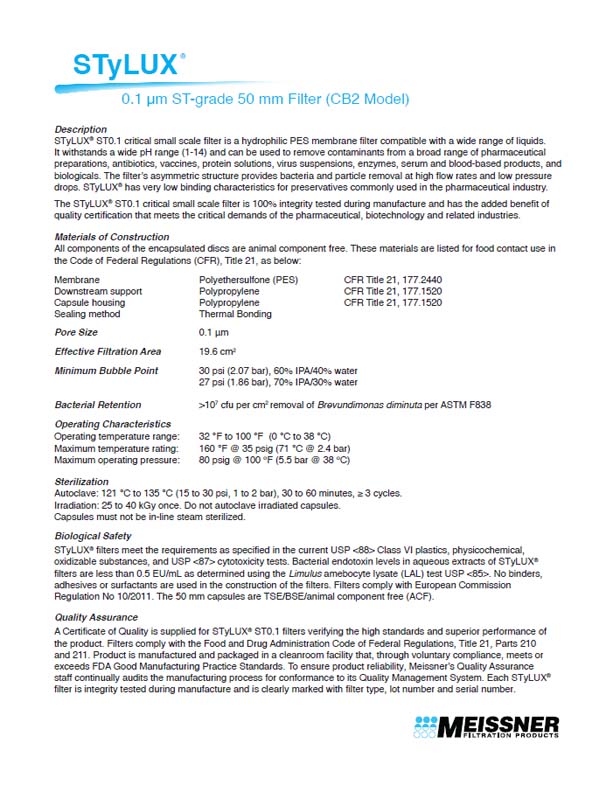 50 mm Critical Small Scale Filter Device | Meissner Corporation