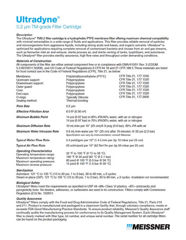 Membrana de PTFE Ultradyne® (Hidrófoba) | Meissner Corporation