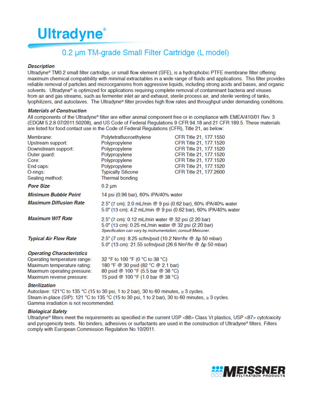Ultradyne® PTFE Membrane (Hydrophobic) | Meissner Corporation