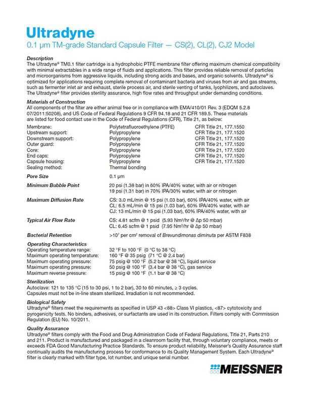 Ultradyne® PTFE Membrane (Hydrophobic) | Meissner Corporation