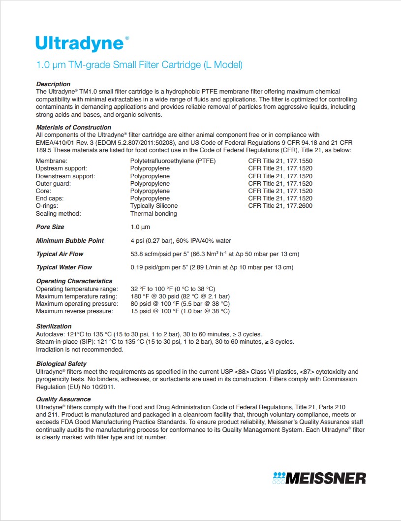 Membrana de PTFE Ultradyne® (Hidrófoba) | Meissner Corporation