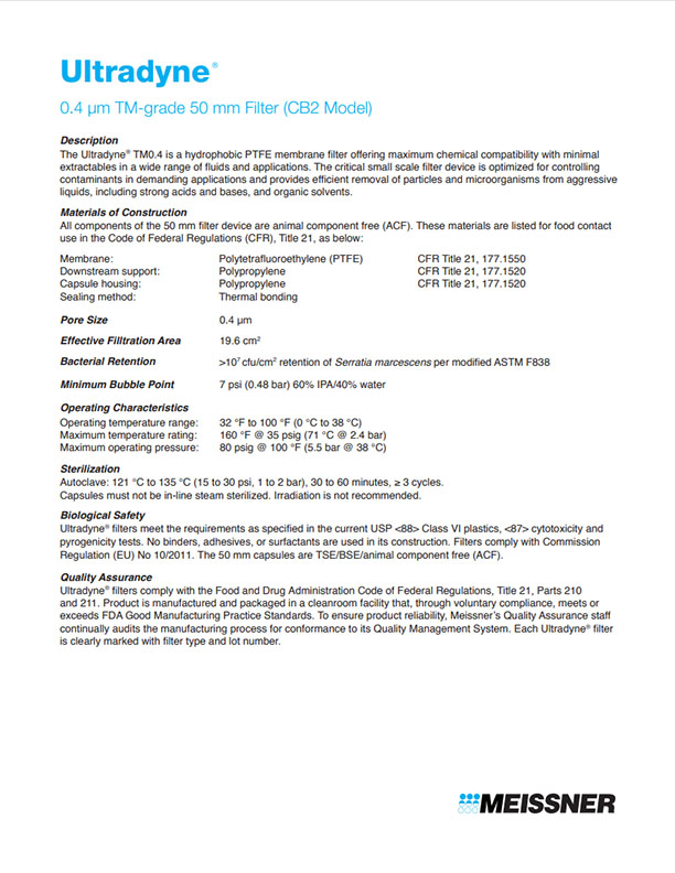 50 mm Critical Small Scale Filter Device | Meissner Corporation