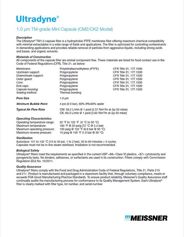 Ultradyne®PTFEメンブレン（疎水性） | Meissner Corporation