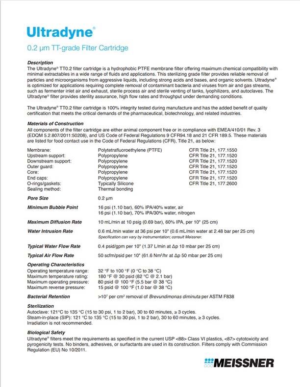 Ultradyne® PTFE Membrane (Hydrophobic) | Meissner Corporation