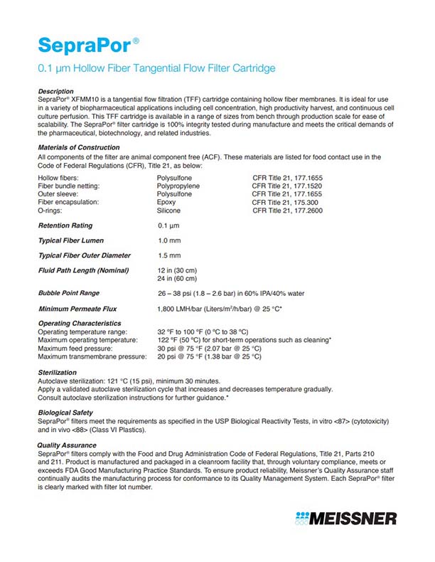 Tangential Flow Hollow Fiber Cartridges | Meissner Corporation
